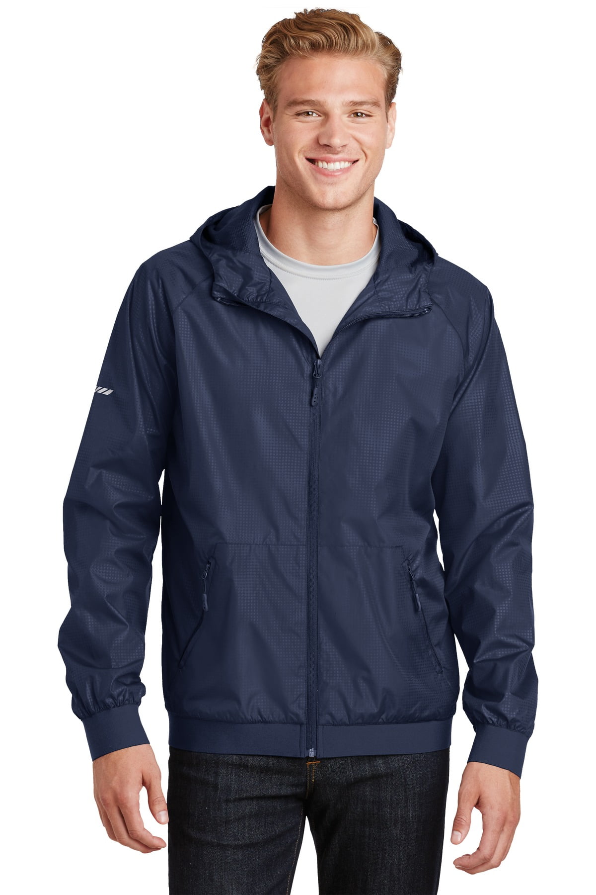 Sport-Tek JST53 Embossed Hooded Wind Jacket, True Navy/ True Navy, 3XL ...