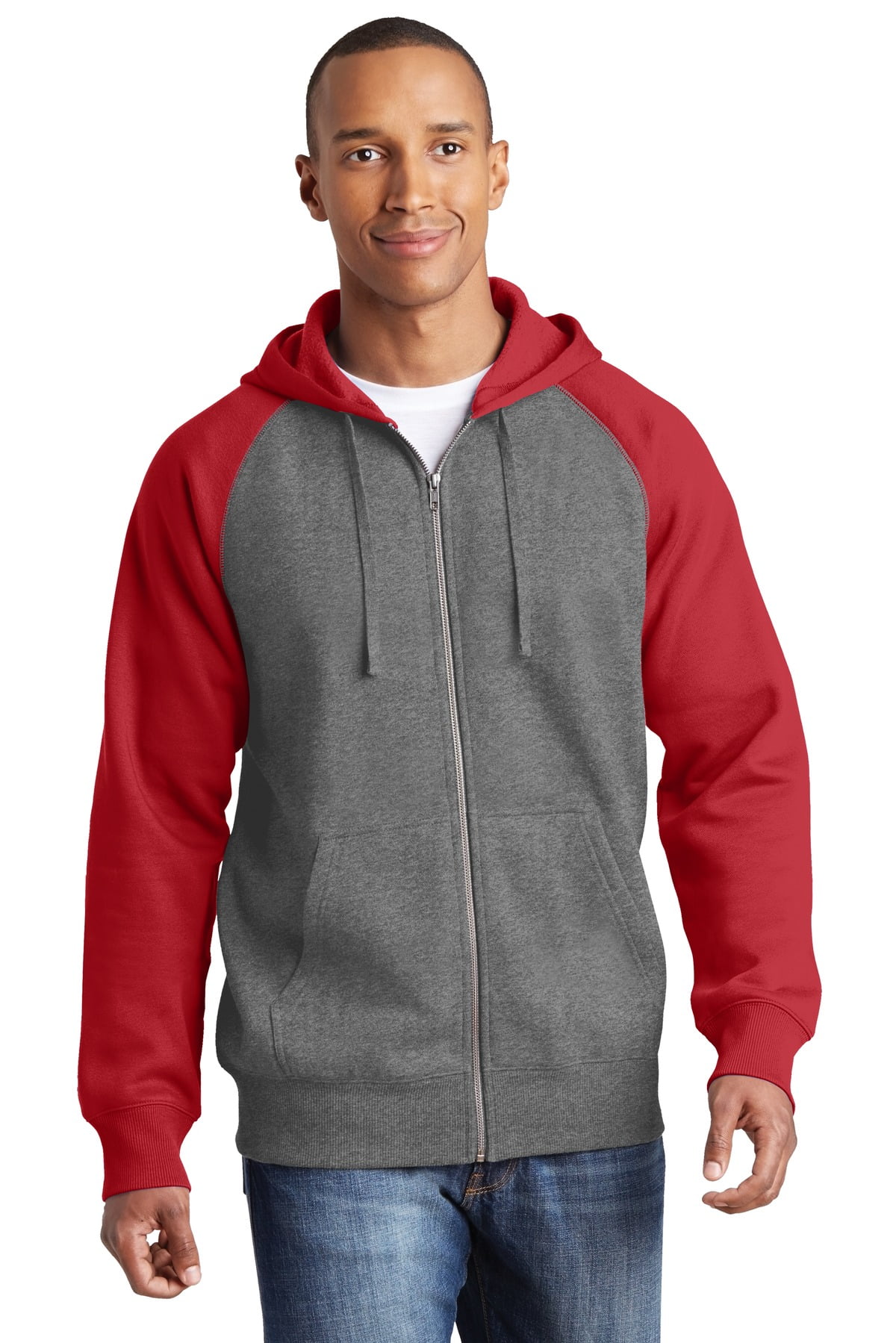 Sport-Tek ST269 Raglan Colorblock Full-Zip Hooded Fleece Jacket, Mens ...