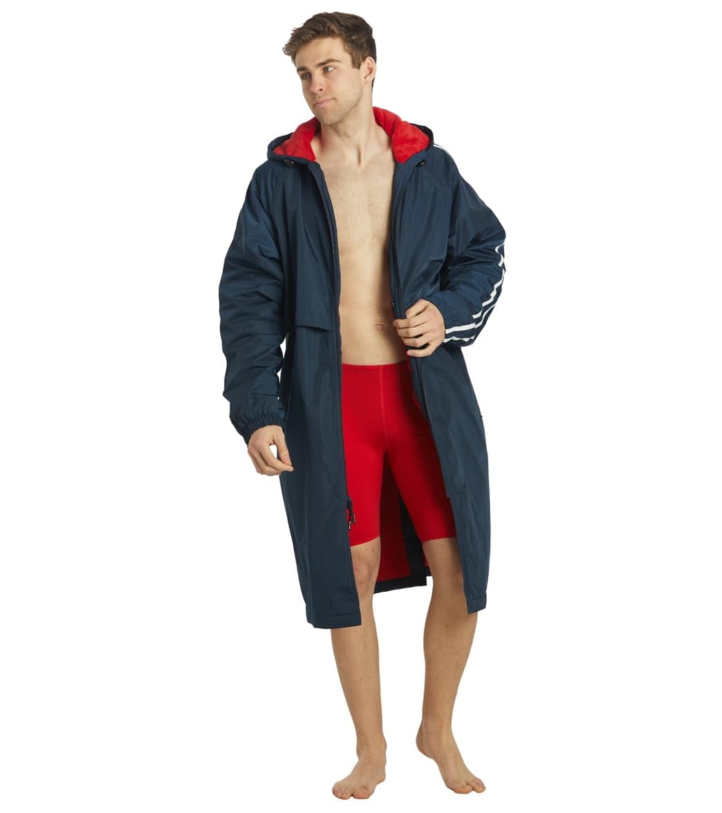 Sporti Striped Comfort Fleece-Lined Swim Parka - Navy Shell/Red Lining ...