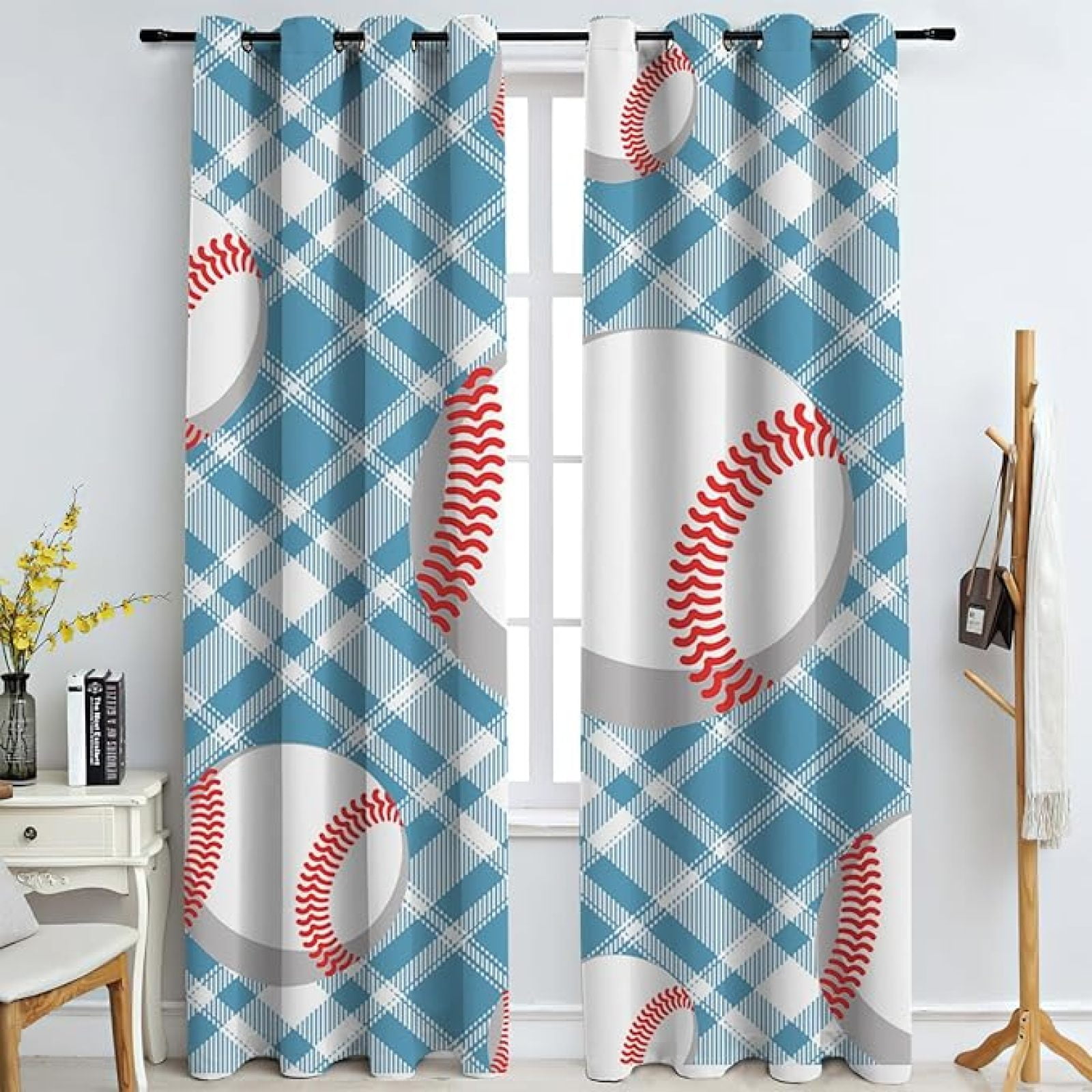 Sports Baseball Blackout Curtains, Blue And White Geometric Buffalo ...