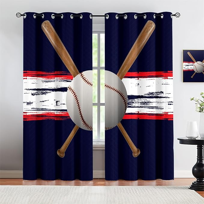 Sports Baseball Window Curtains, Black And Red Watercolor Graffiti ...
