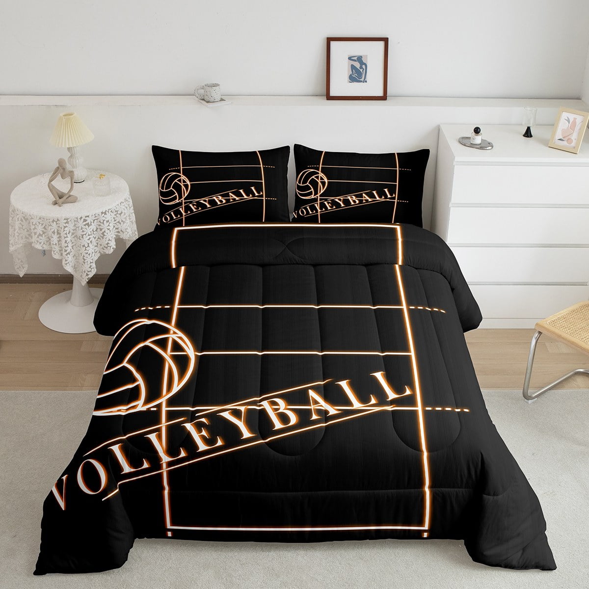 Sports Bedding Set King Volleyball Comforter Set, Neon Glowing Orange ...