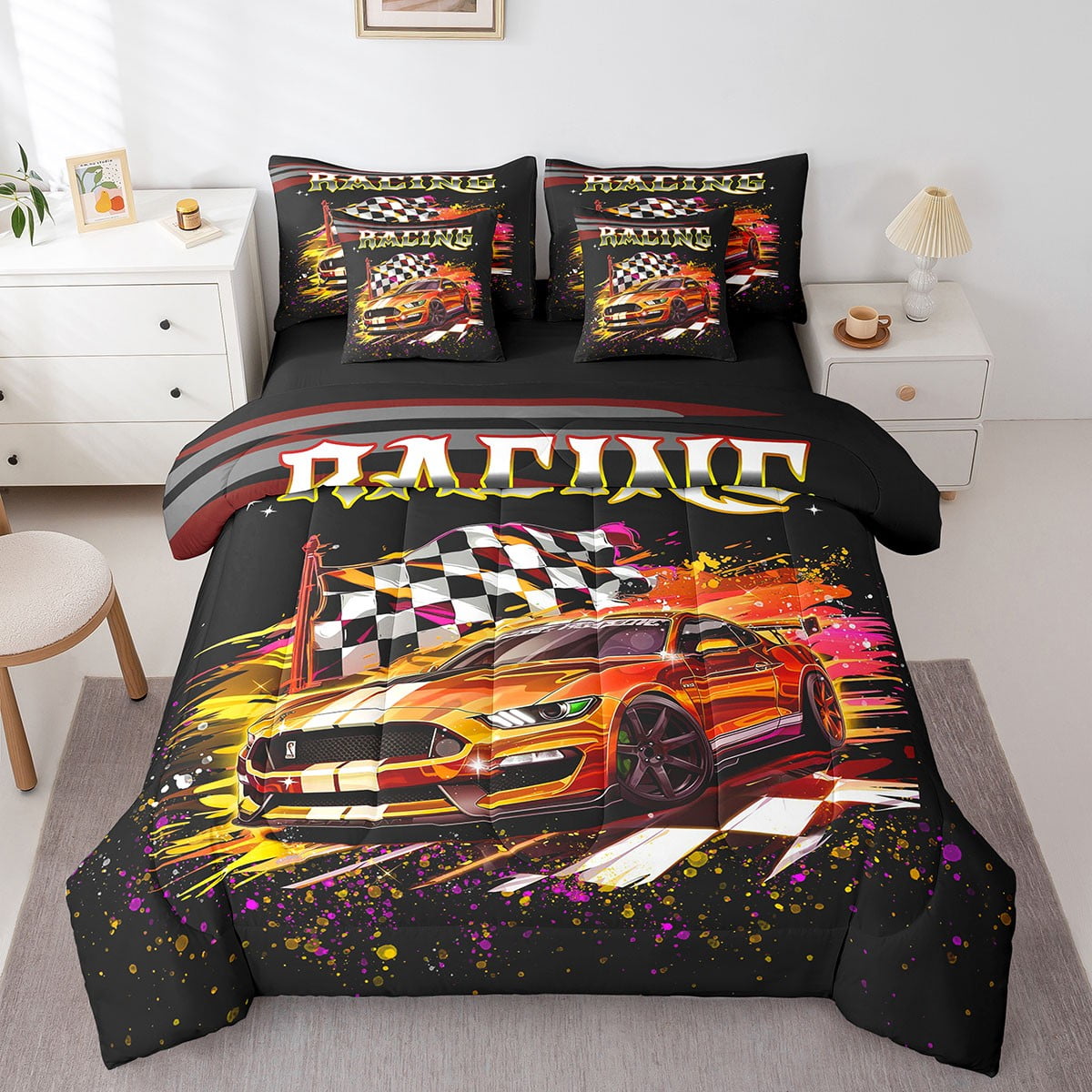 Sports Car 7 Piece Comforter Set Twin Orange Black Race Car Bedding Set ...