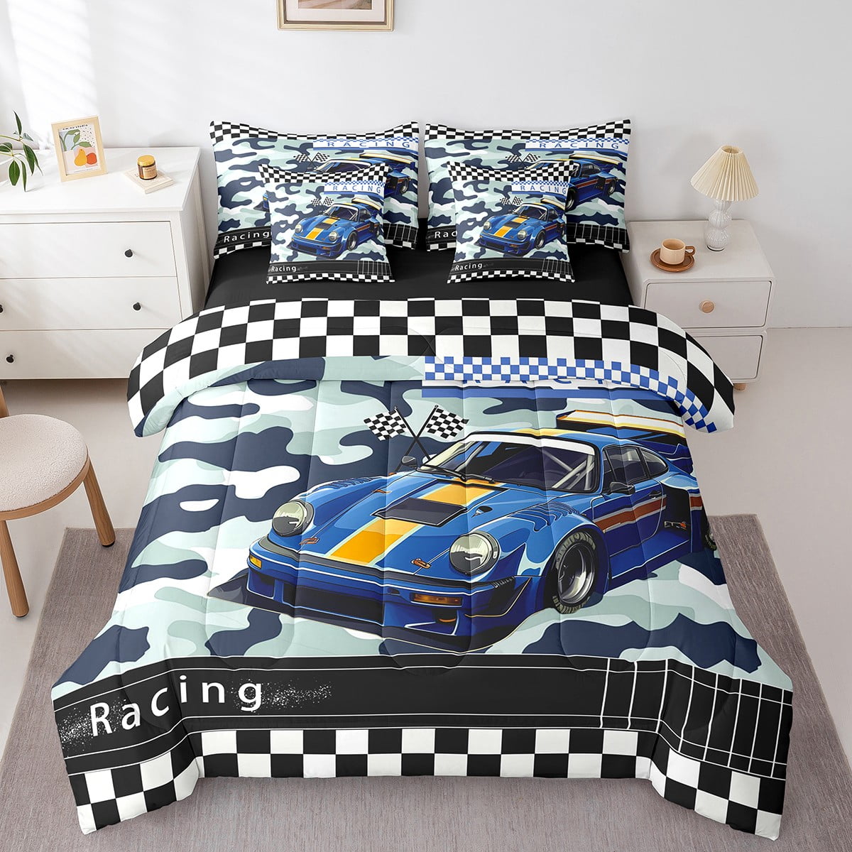 Sports Car Bed in a Bag Queen Comforter Set 7 Piece,Race Cars,Blue ...