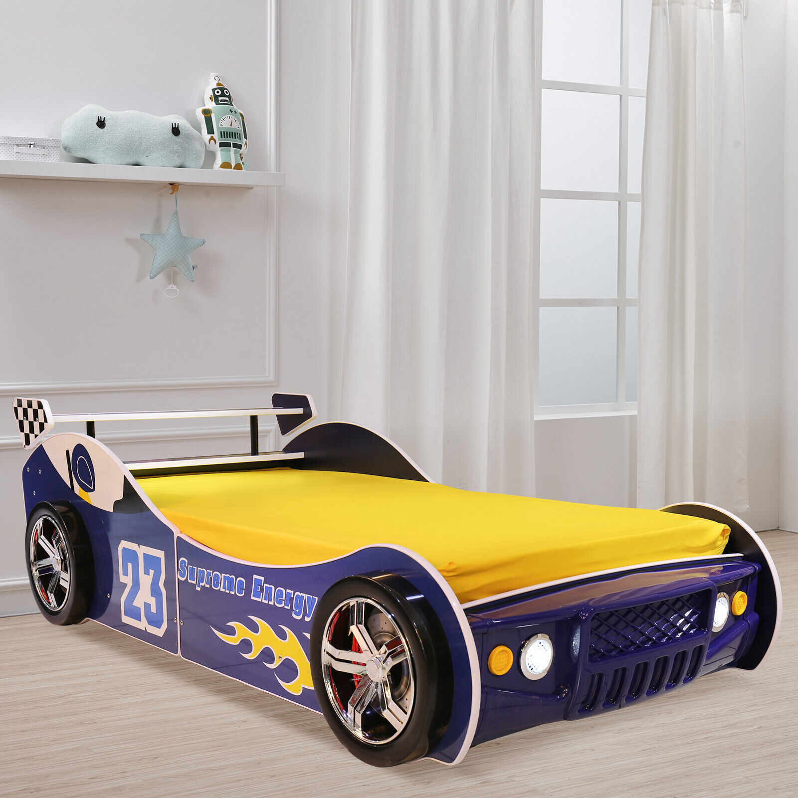 Sports Car Bed Frame Wooden w 3D Wheel & Car Bumper & LED for Twin Size ...