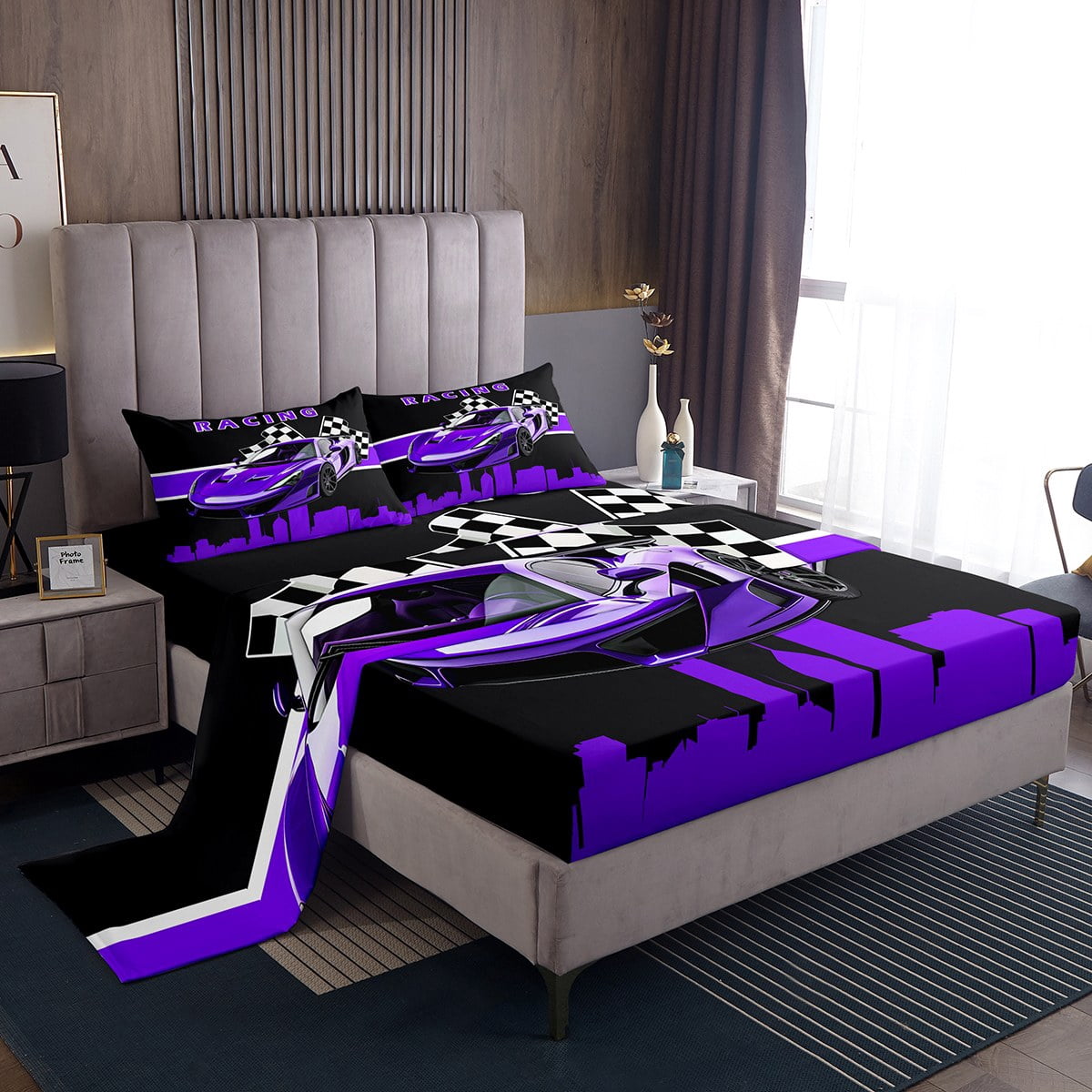 Sports Car Bed Sheets Set Speed Race Car Full Size Sheet Sets, Purple ...