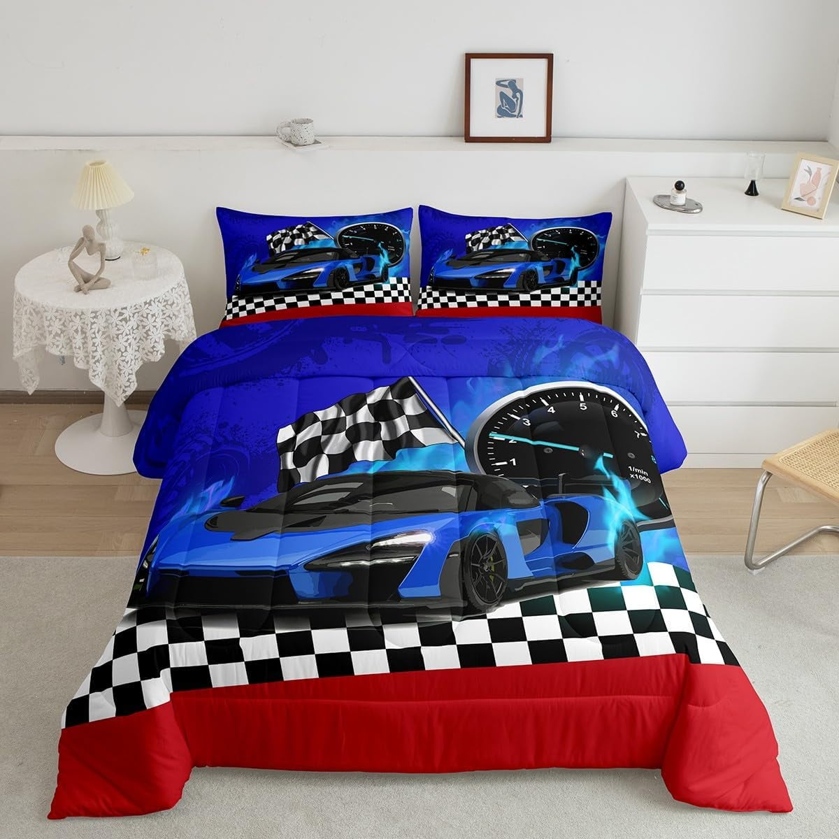 Sports Car Comforter Set Red Blue Yellow Racing Car Bedding Set for Men ...