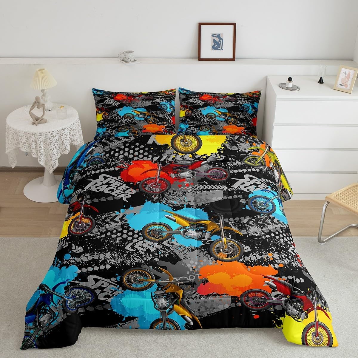 Sports Car Comforter Set Red Blue Yellow Racing Car Bedding Set for Men ...