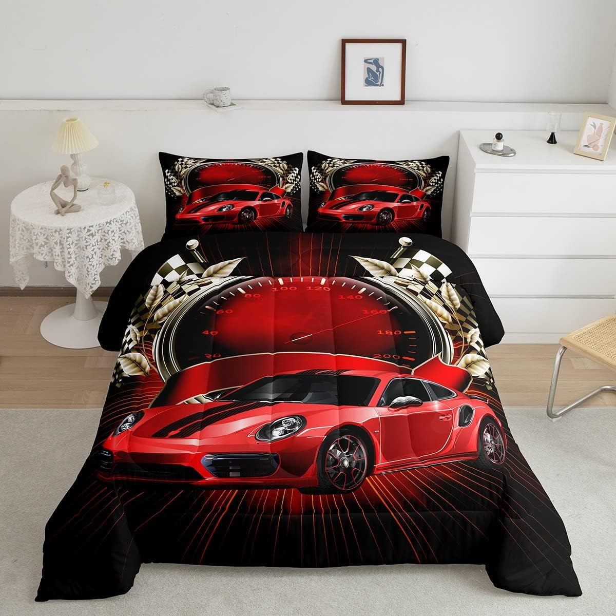 Sports Car Comforter Set Red Blue Yellow Racing Car Bedding Set for Men ...