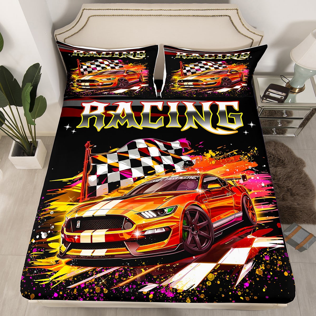Sports Car Fitted Sheet Twin Orange Black Race Car Bedding Set Extreme ...