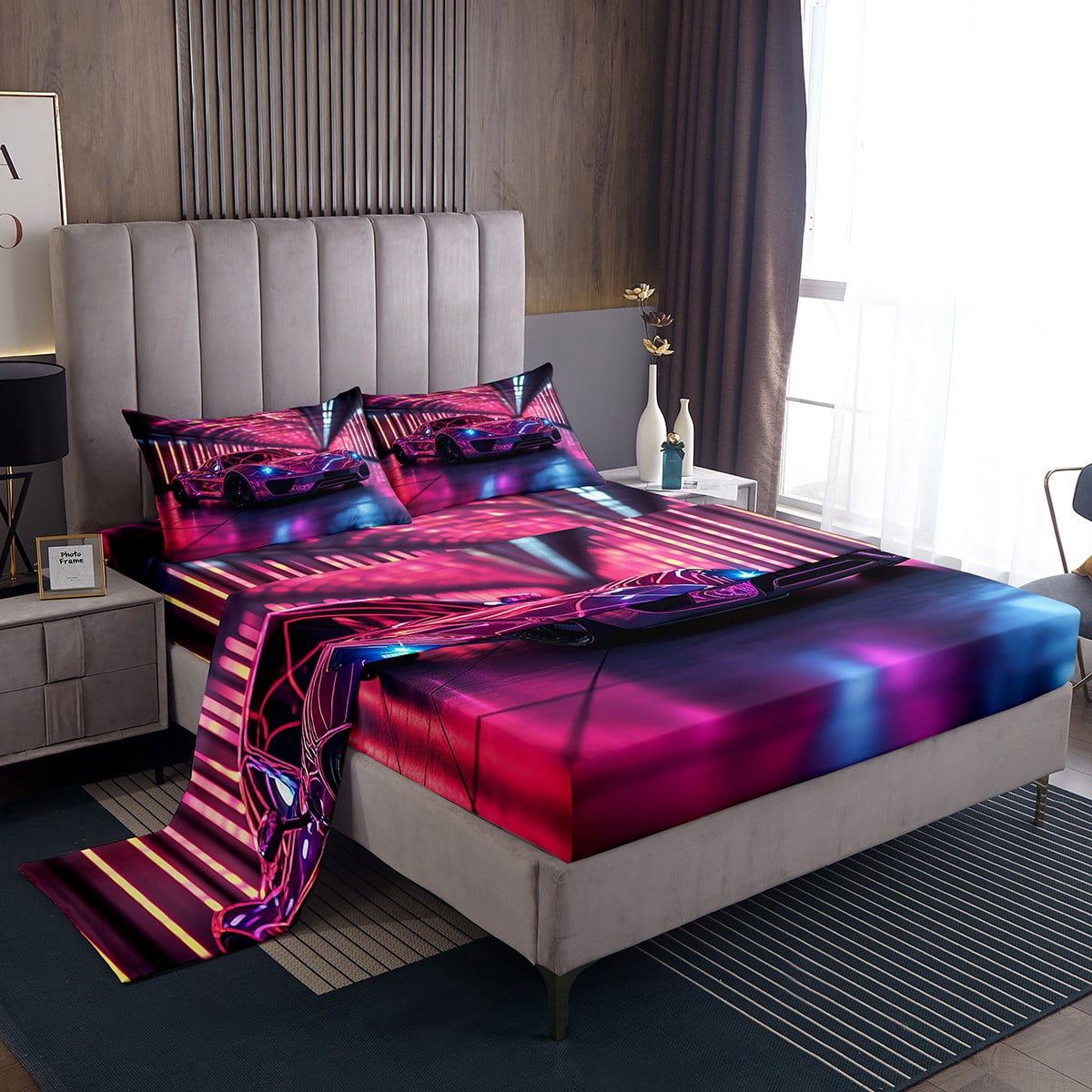 Sports Car Queen Sheet Set Racing Sports Sheets,Purple Neon Light ...