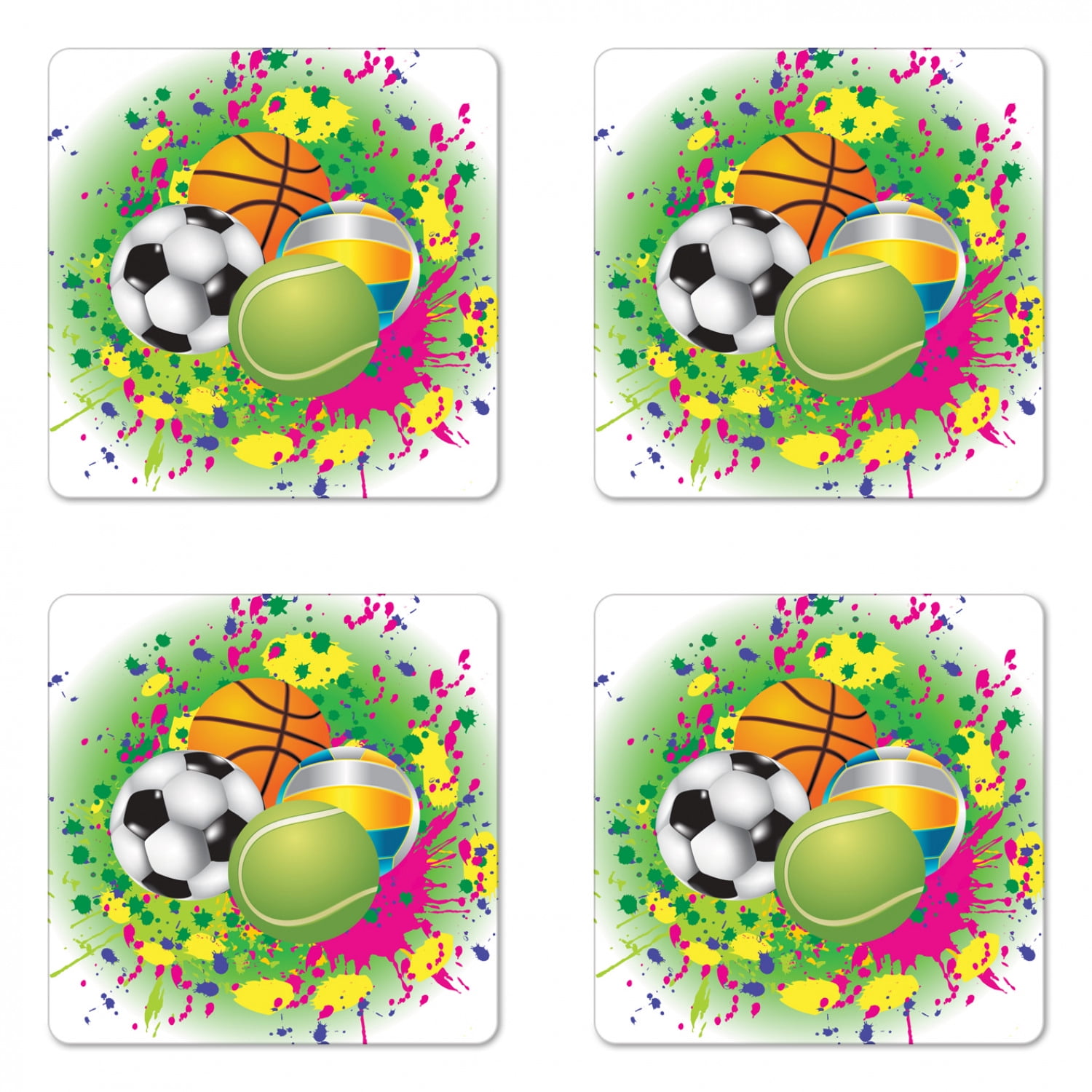 Sports Coaster Set of 4, Pattern of Sports Balls on Watercolors Splash ...