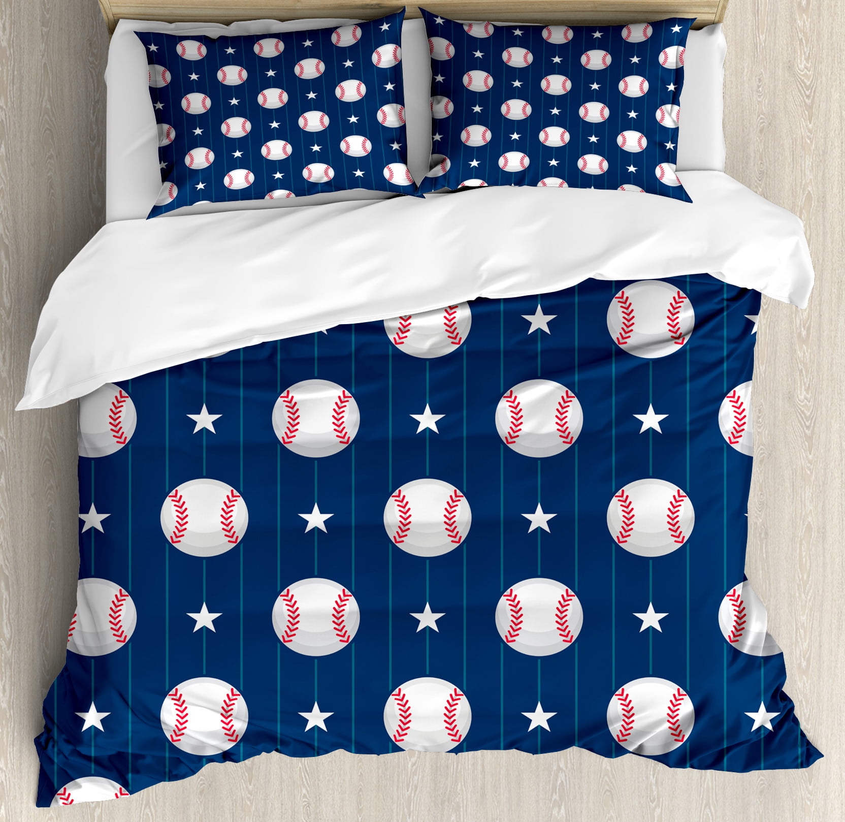 Sports Duvet Cover Set, Baseball Patterns on Vertical Striped ...