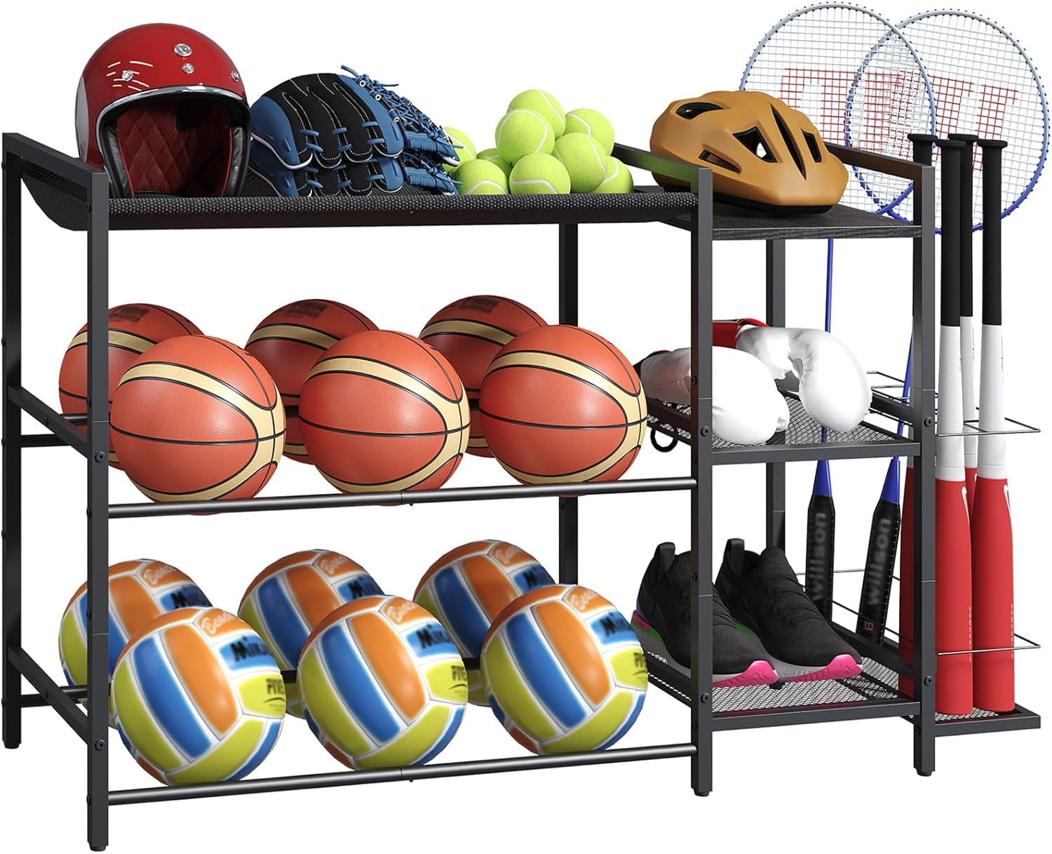 Sports Equipment Organizer, 3 Tier Ball Storage Rack with Baseball Bat ...