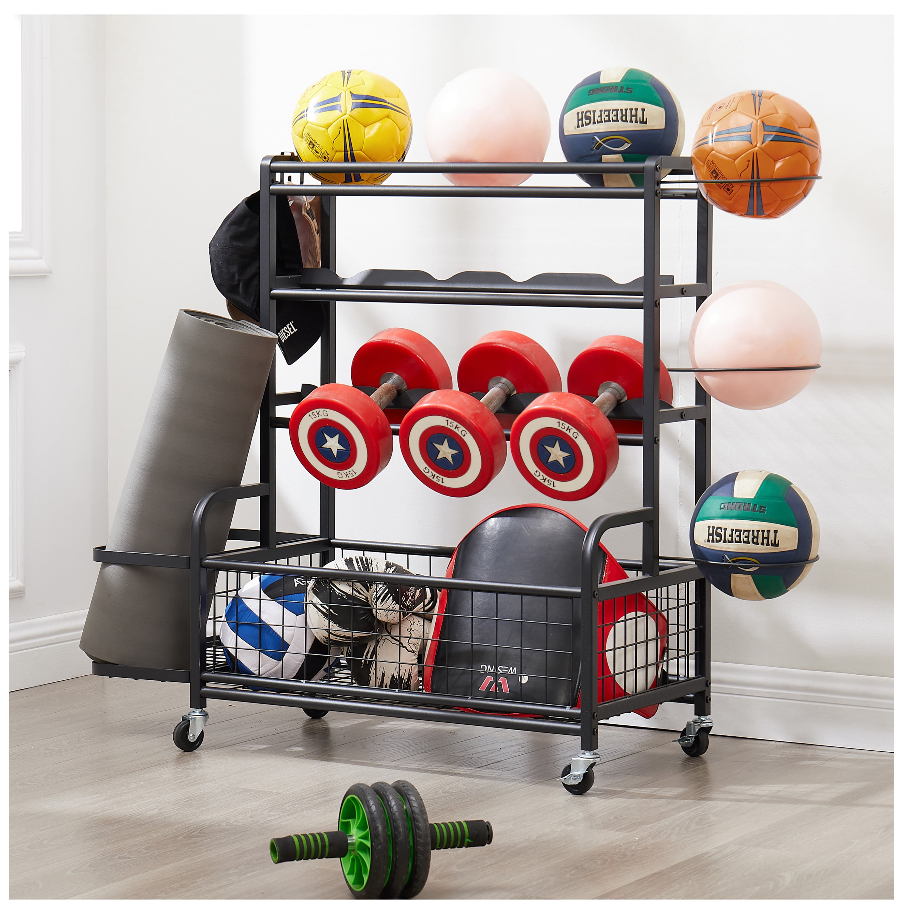 Sports Equipment Organizer 4-Tier Metal Rack with Wheels - Basketball ...