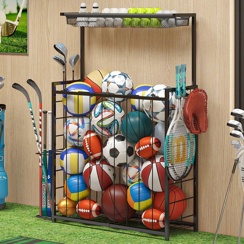 Sports Equipment Organizer, Big Garage Storage Ball Rack with Elastic ...