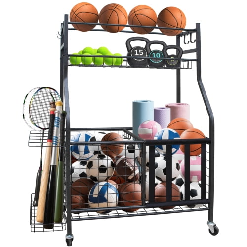 Sports Equipment Organizer Garage Storage with Basket and Hooks Rolling ...