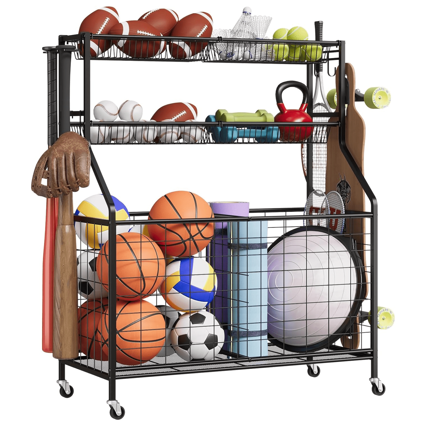 Sports Equipment Organizer,Large Capacity Garage Storage Rack with ...