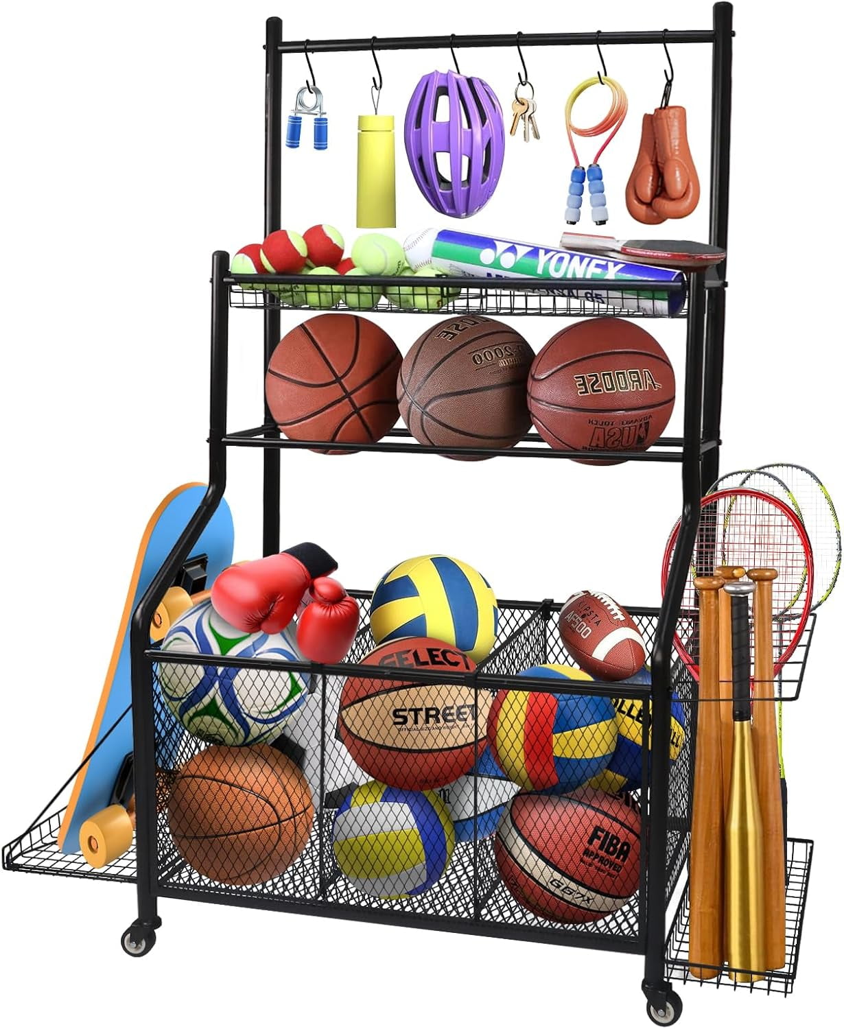 Sports Equipment Organizer,Large Heavy-Duty Steel Rolling Storage Cart ...