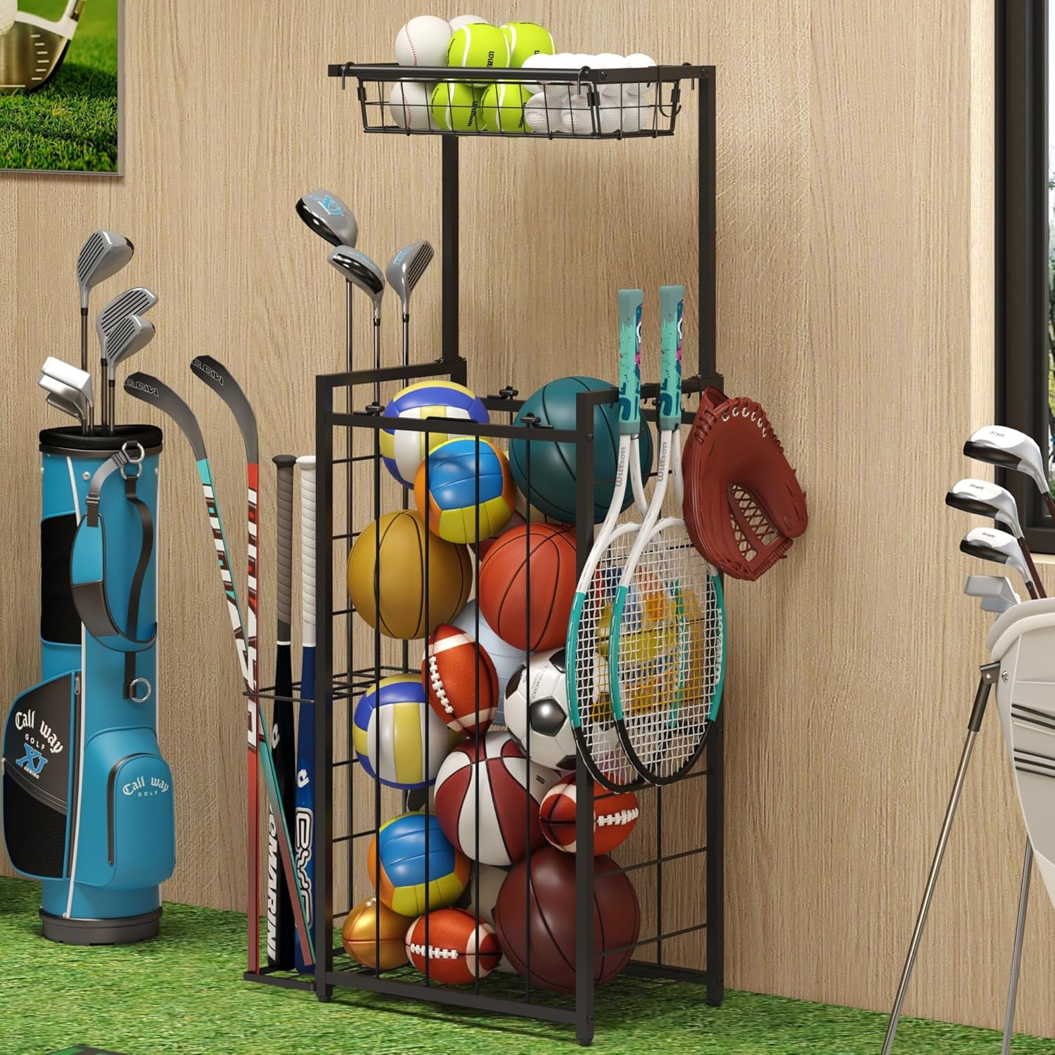 Sports Equipment Organizer, Small Garage Ball Storage Rack with Elastic ...