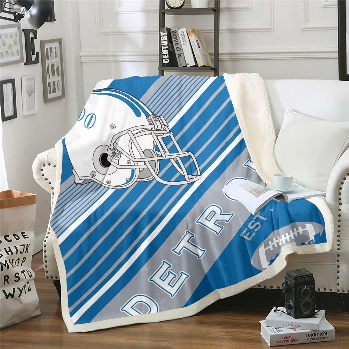 Sports Football Fleece Blanket White and Sky Blue Rugby Helmet Fuzzy ...