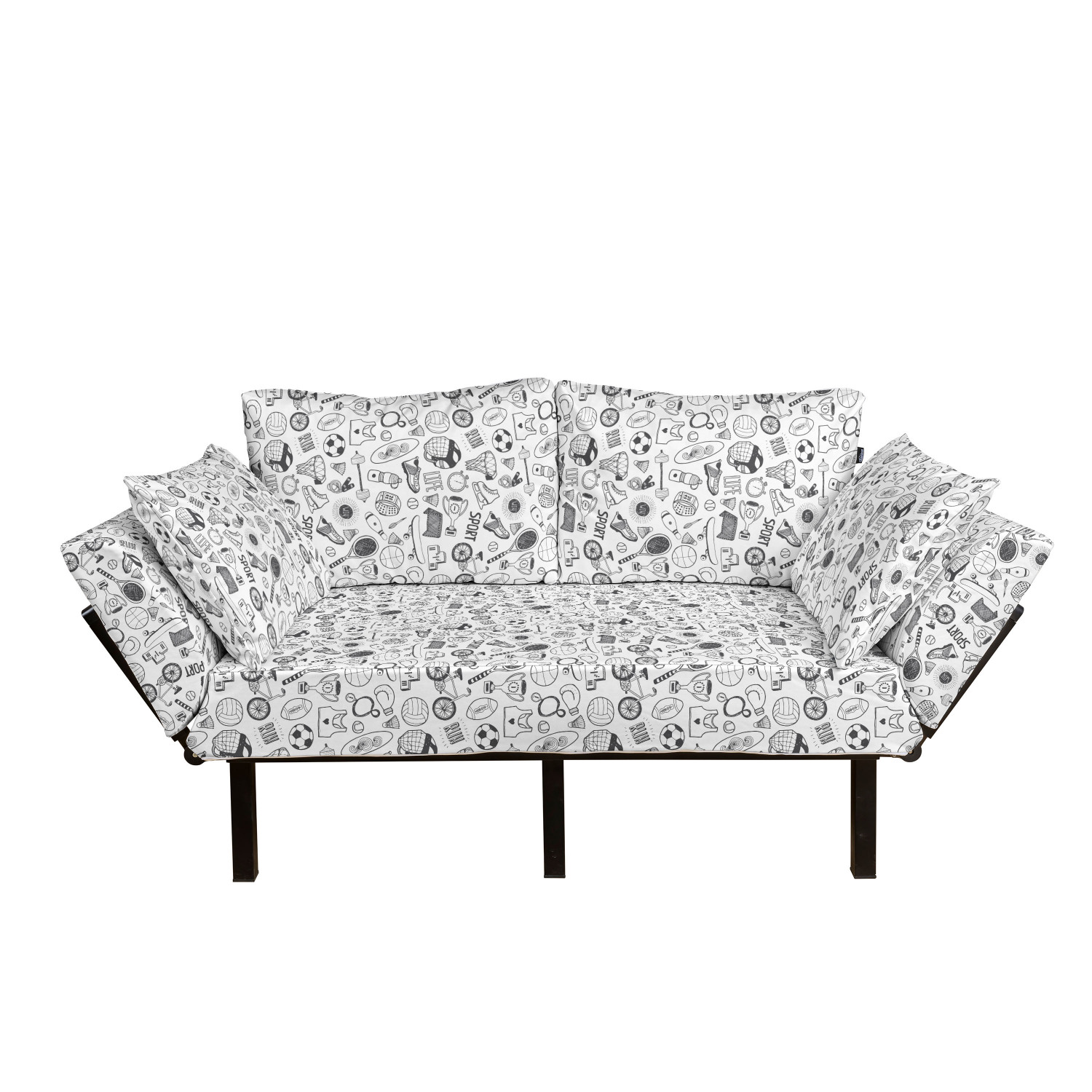 Sports Futon Couch, Hand Drawn Equipment Run Baseball Ice Skating ...