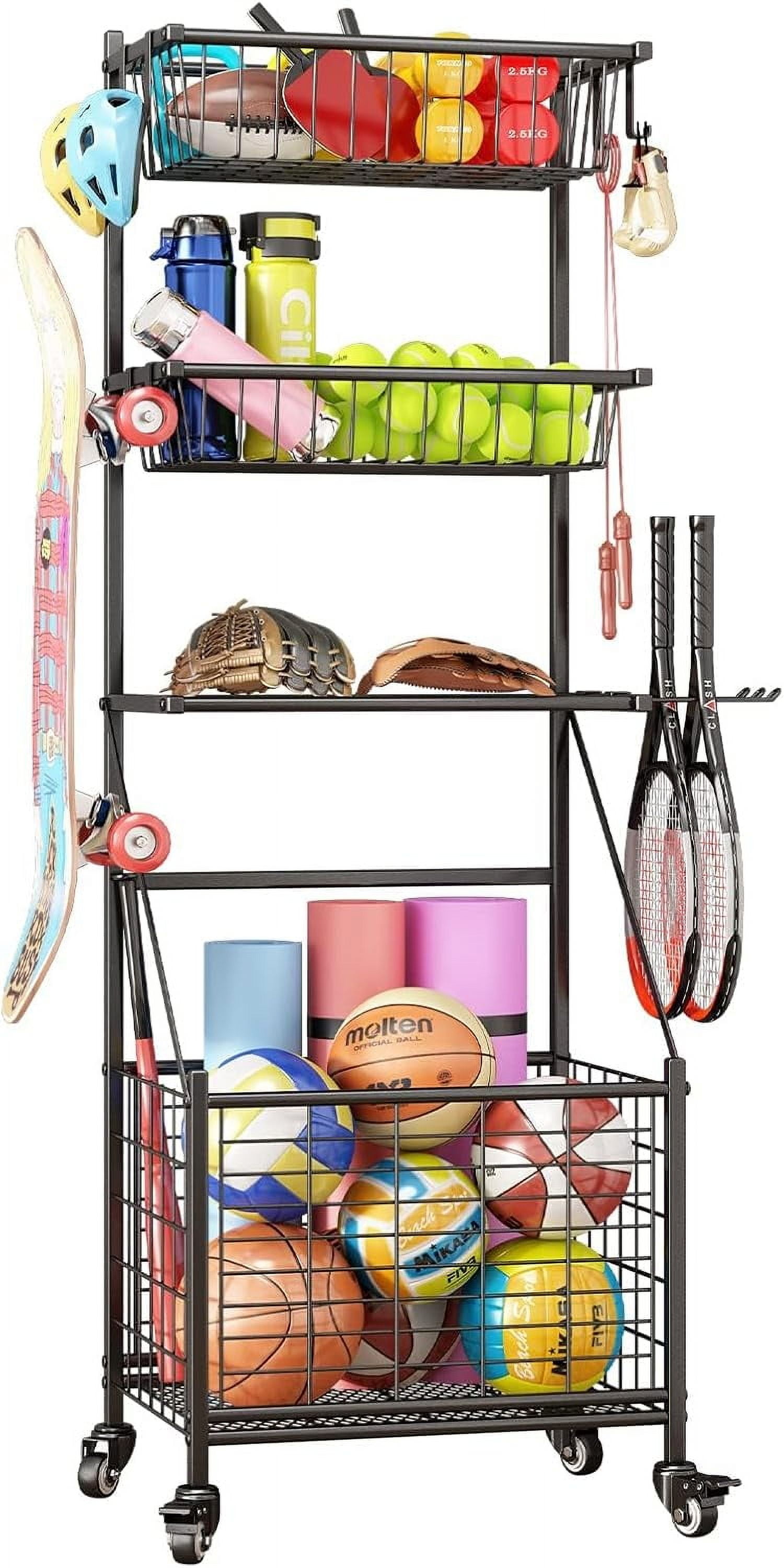 Sports Garage Equipment Organizer Storage Ball Rolling Cart with Basket ...