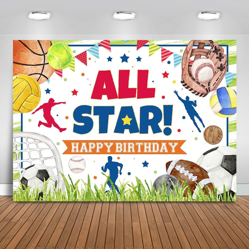 Sports Happy Birthday Backdrop All Star Boys Football Basketball ...