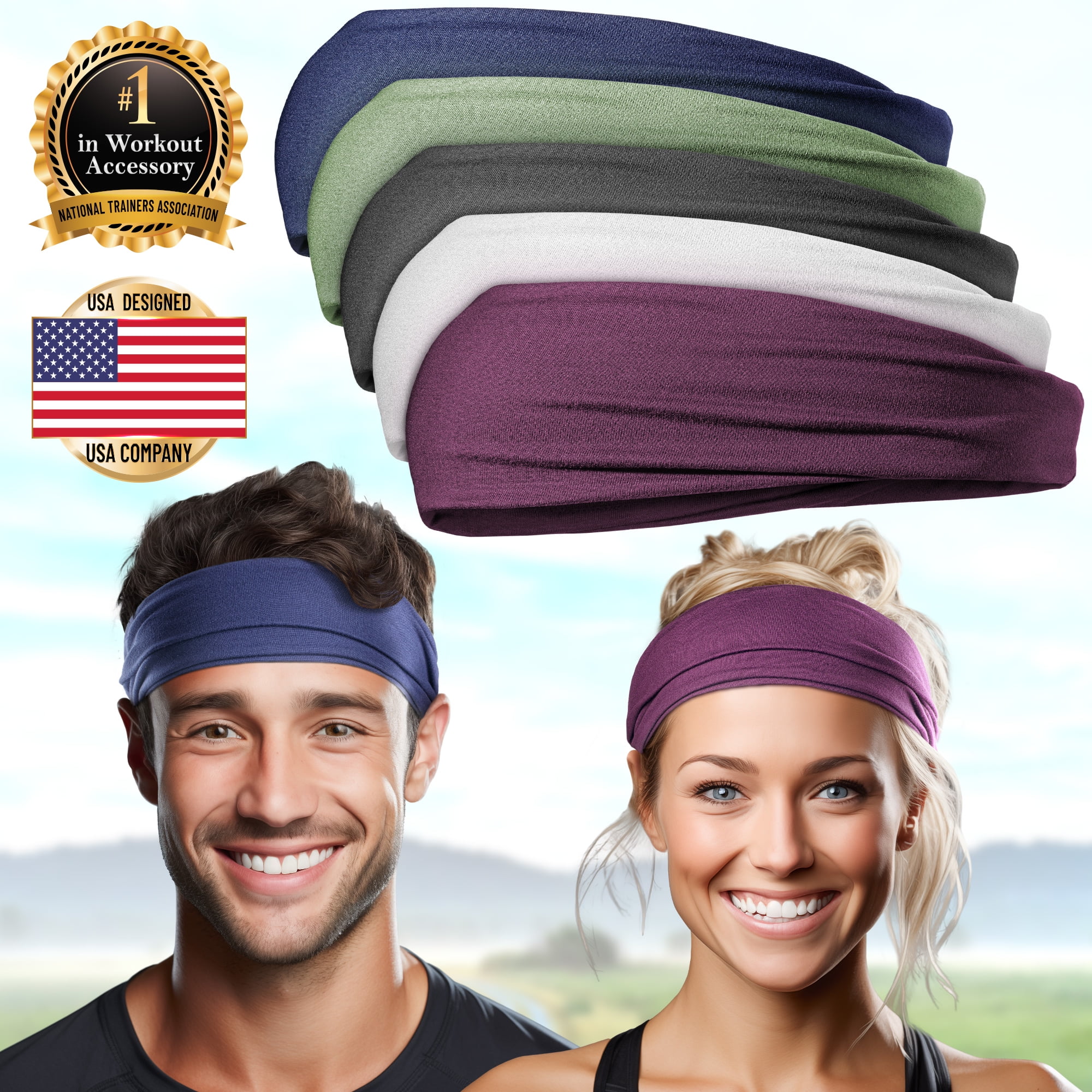 VWS Sports Headband, 5 Pack Stretch Sweatbands for Men and Women, Yoga ...