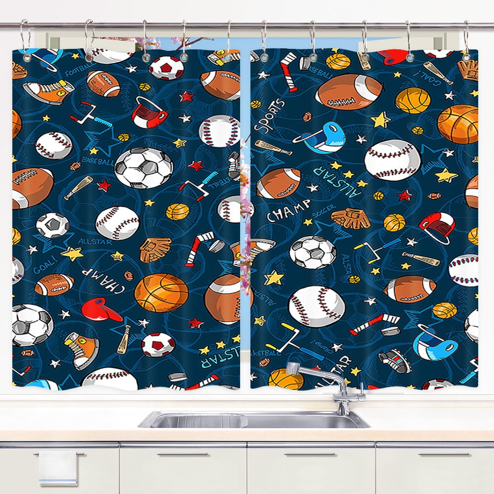 Sports Kitchen Curtains, Basketball Football Baseball Hockey Star Blue ...