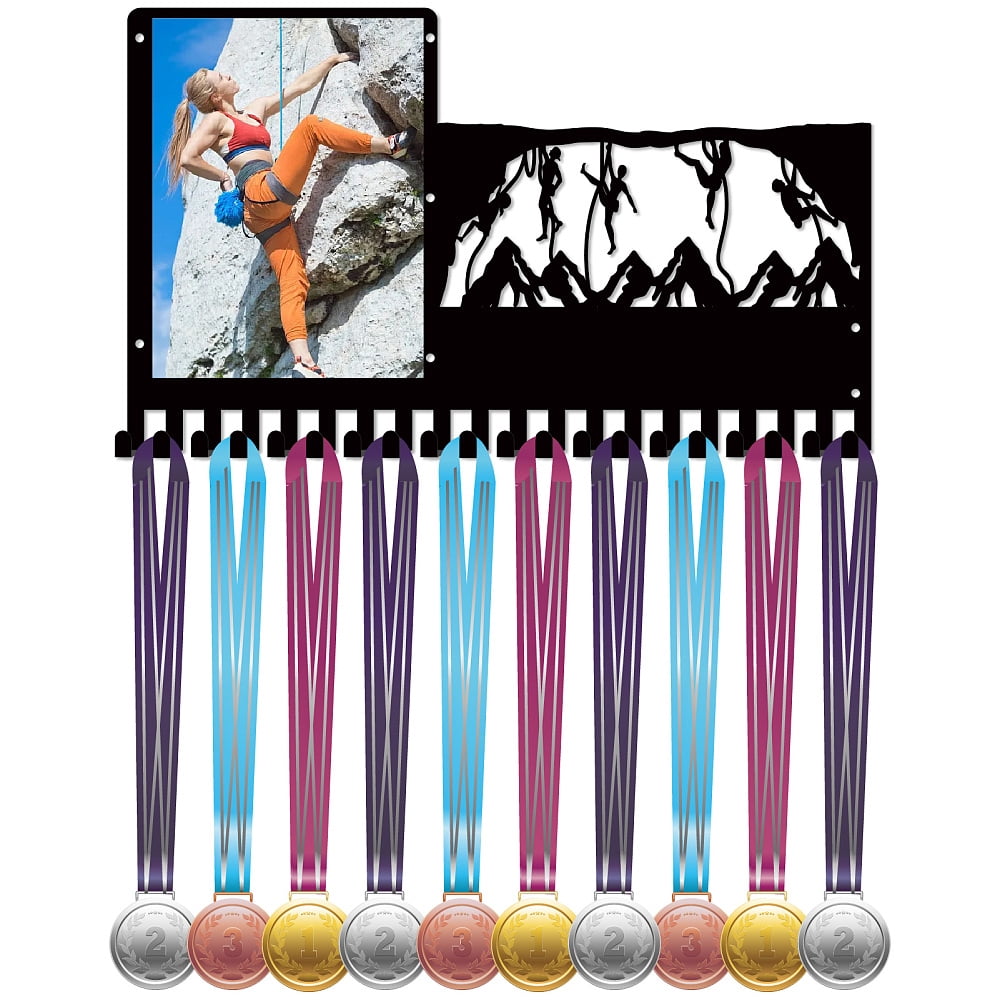 Sports Medal Holder Award Hanger Display with 20 Hooks Photo Frame ...