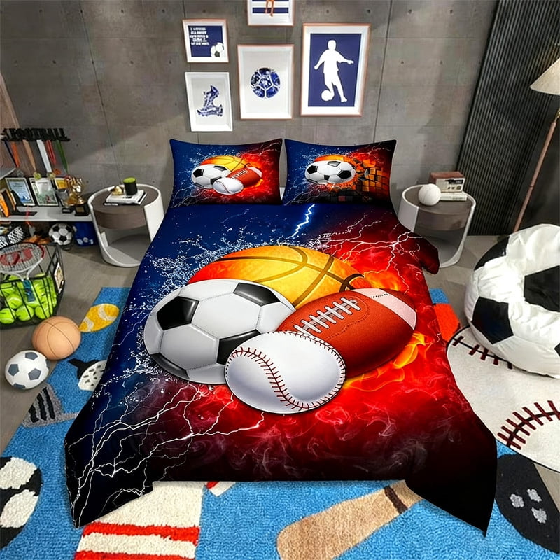 Sports Quilt Set Queen for Boys Kids, 3Pcs Baseball Football Basketball ...