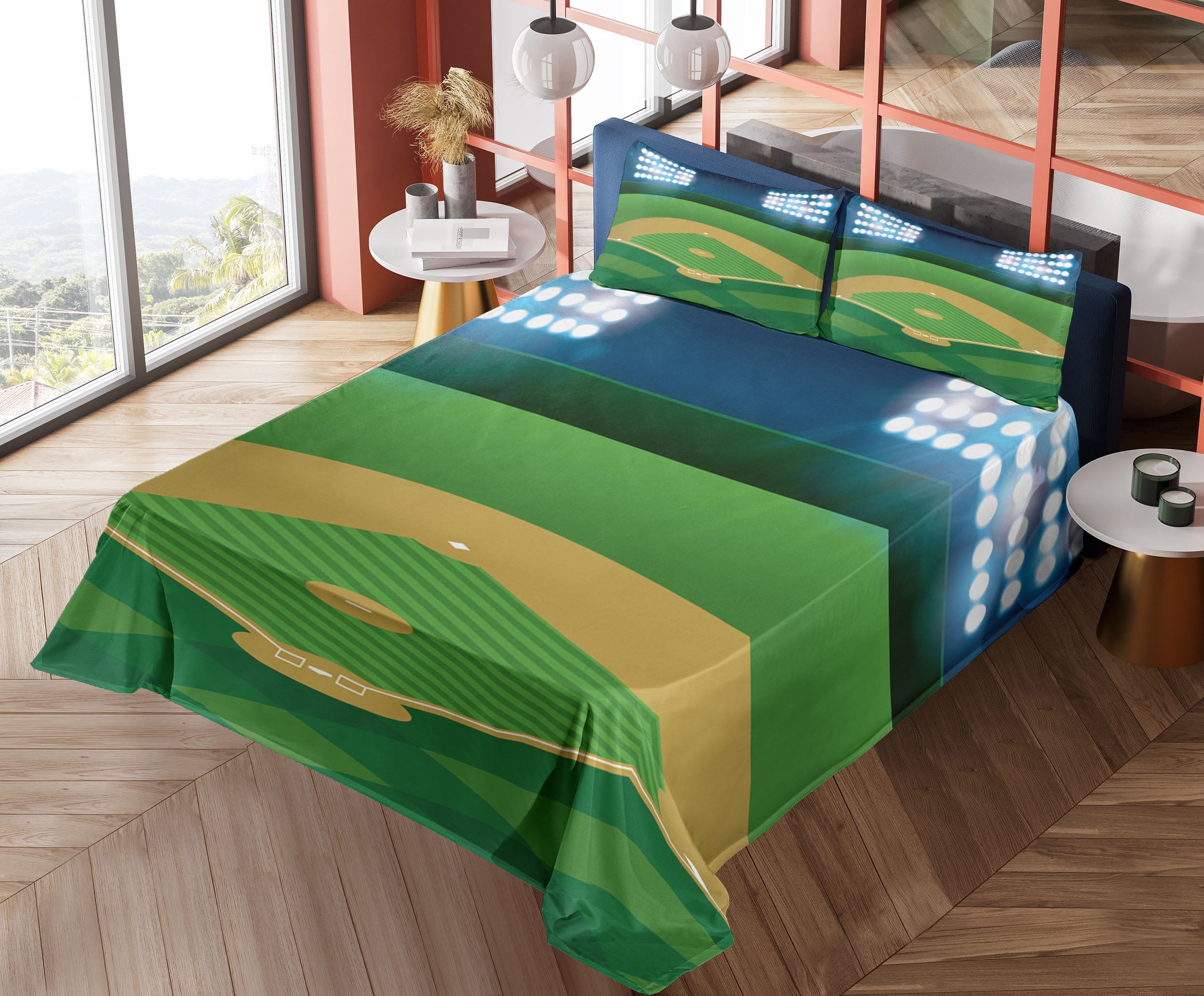 Sports Sheet Set, Cartoonish Scene of Stadium with Heavy Spots and Fild ...