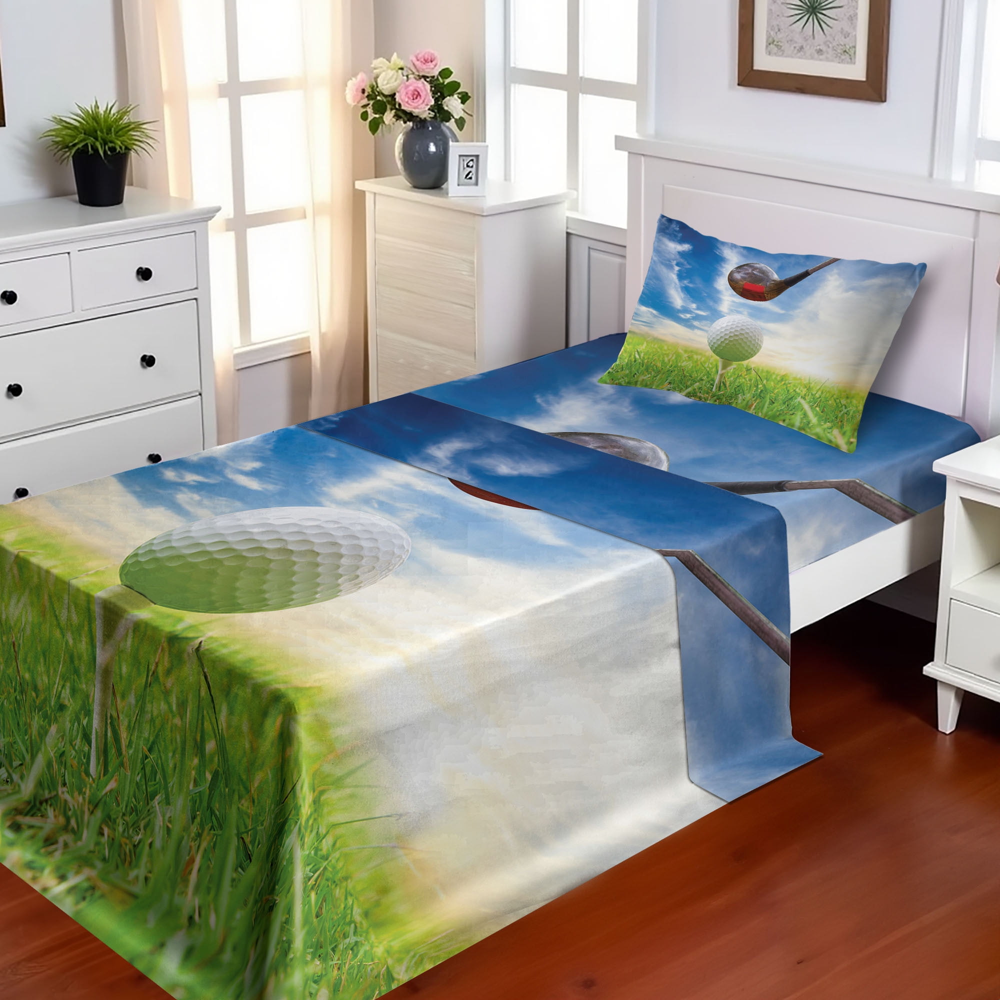 Ambesonne Sports Fitted & Top Sheet Set with Sham, Golf Club and Ball ...