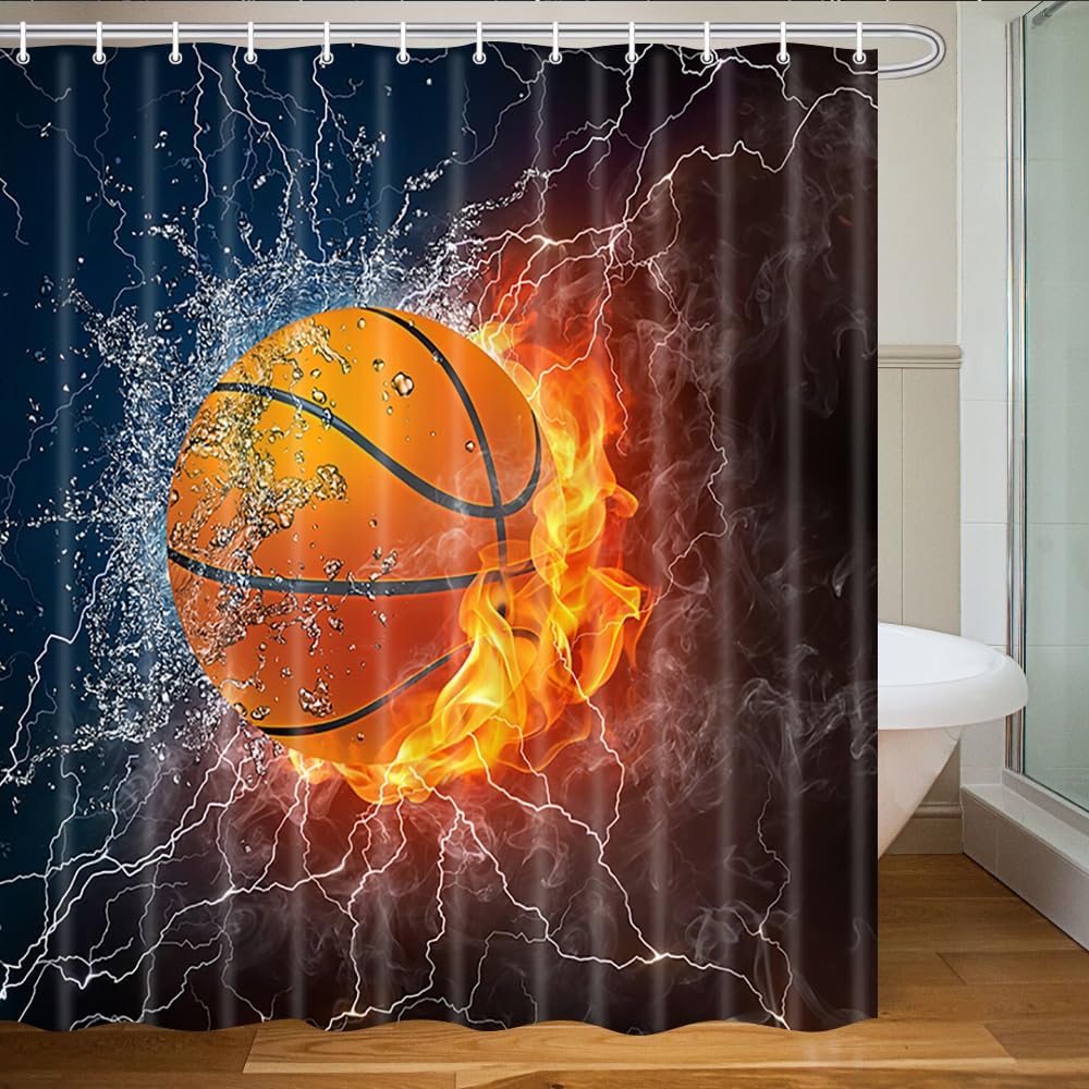 Sports Shower Curtain, Basketball on Fire and Water Flame Splashing ...