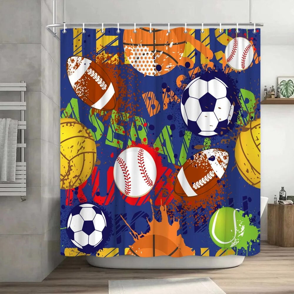 Sports Shower Curtain Basketball and Water Splashing Thunder Lightning ...