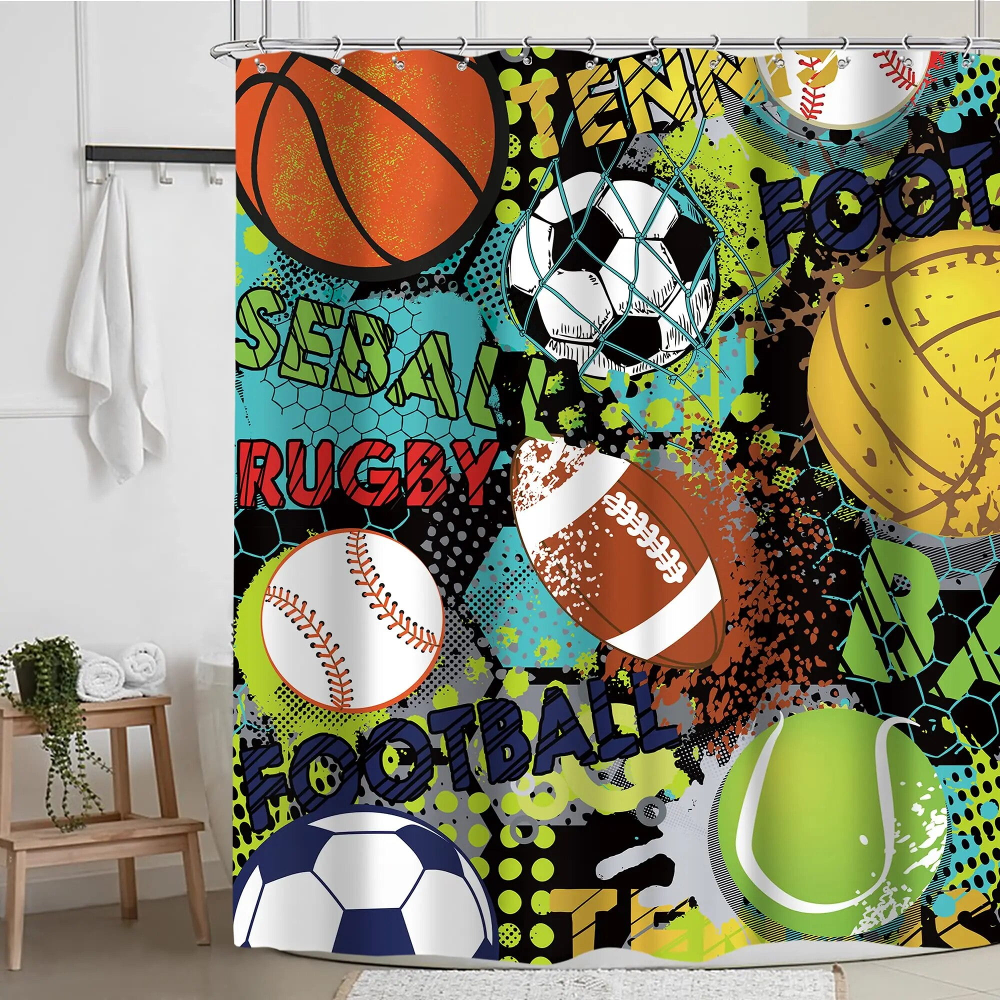 Sports Shower Curtain Basketball and Water Splashing Thunder Lightning ...