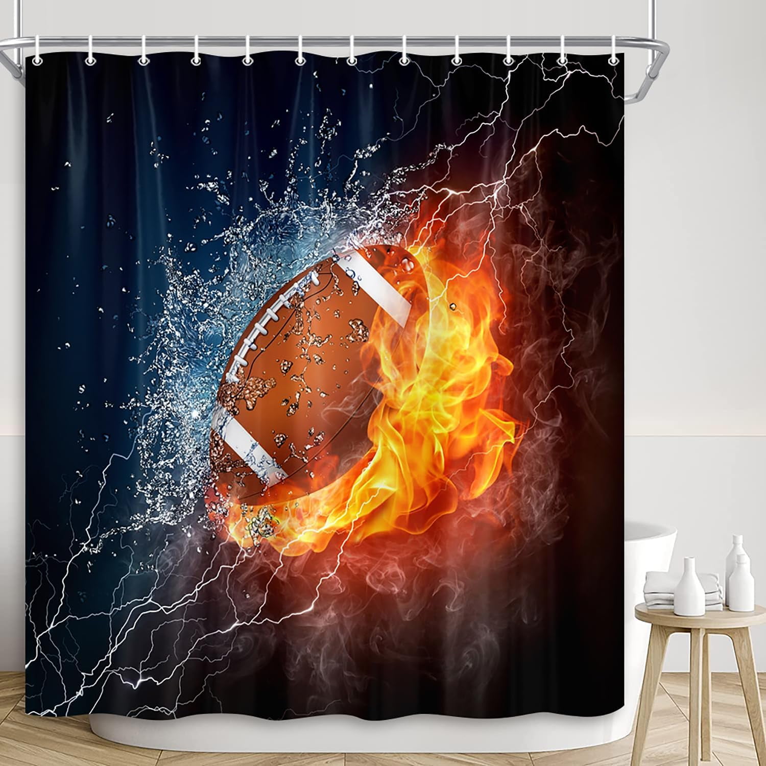 Sports Shower Curtain, Football on Fire and Water Flame Splashing ...