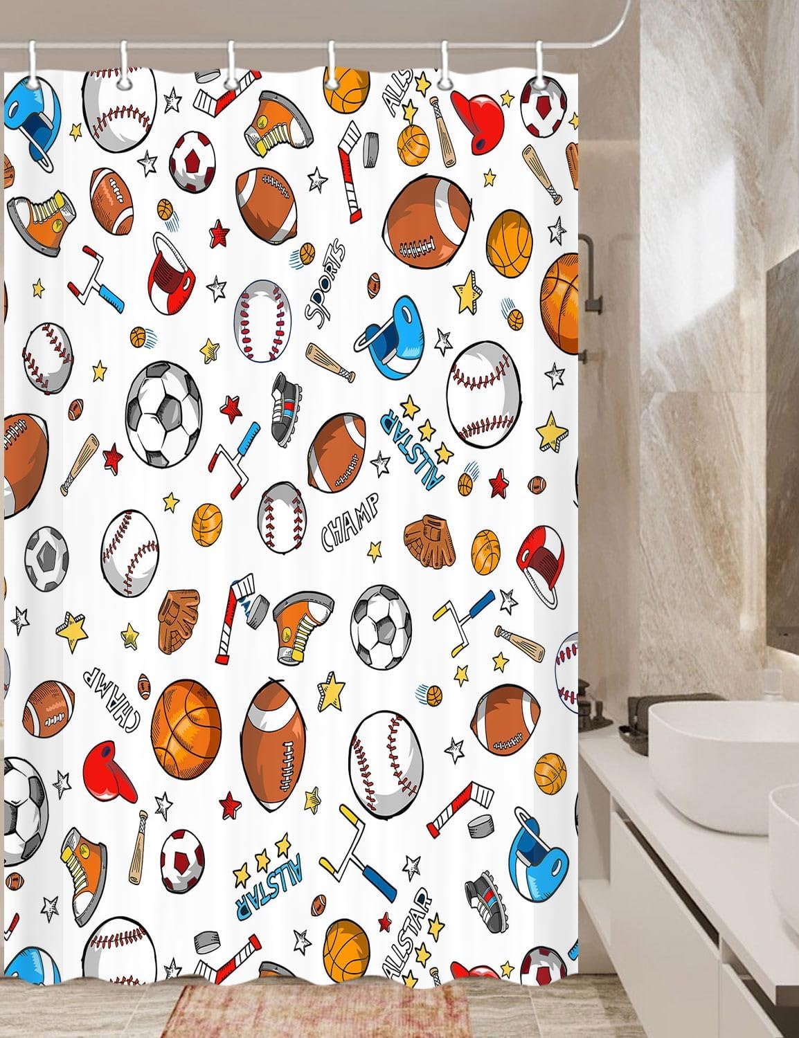 Sports Shower Curtain for Kids Children Teens, Basketball Football ...
