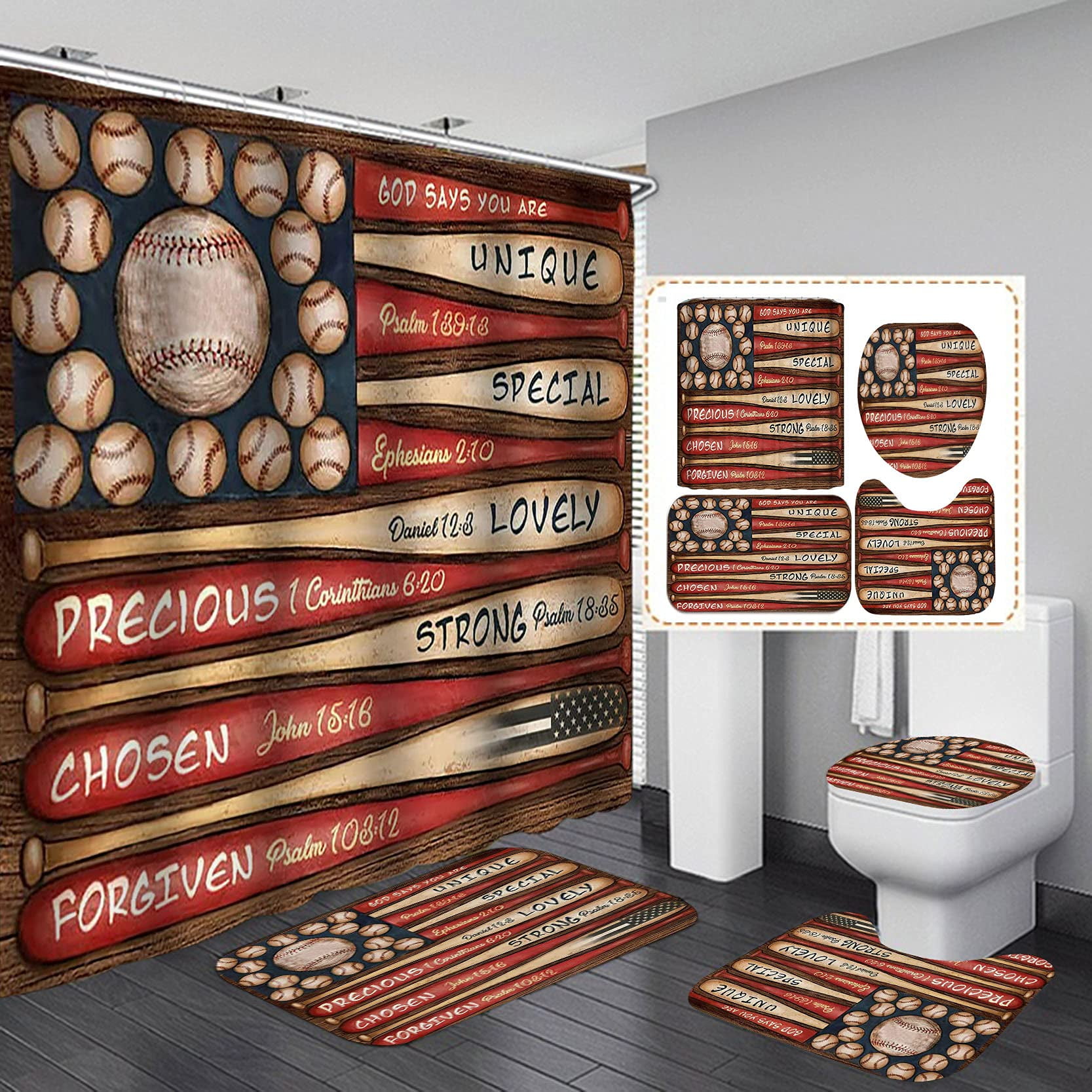 Sports Shower Curtain Set Baseball Inspirational Quote Retro Wooden ...