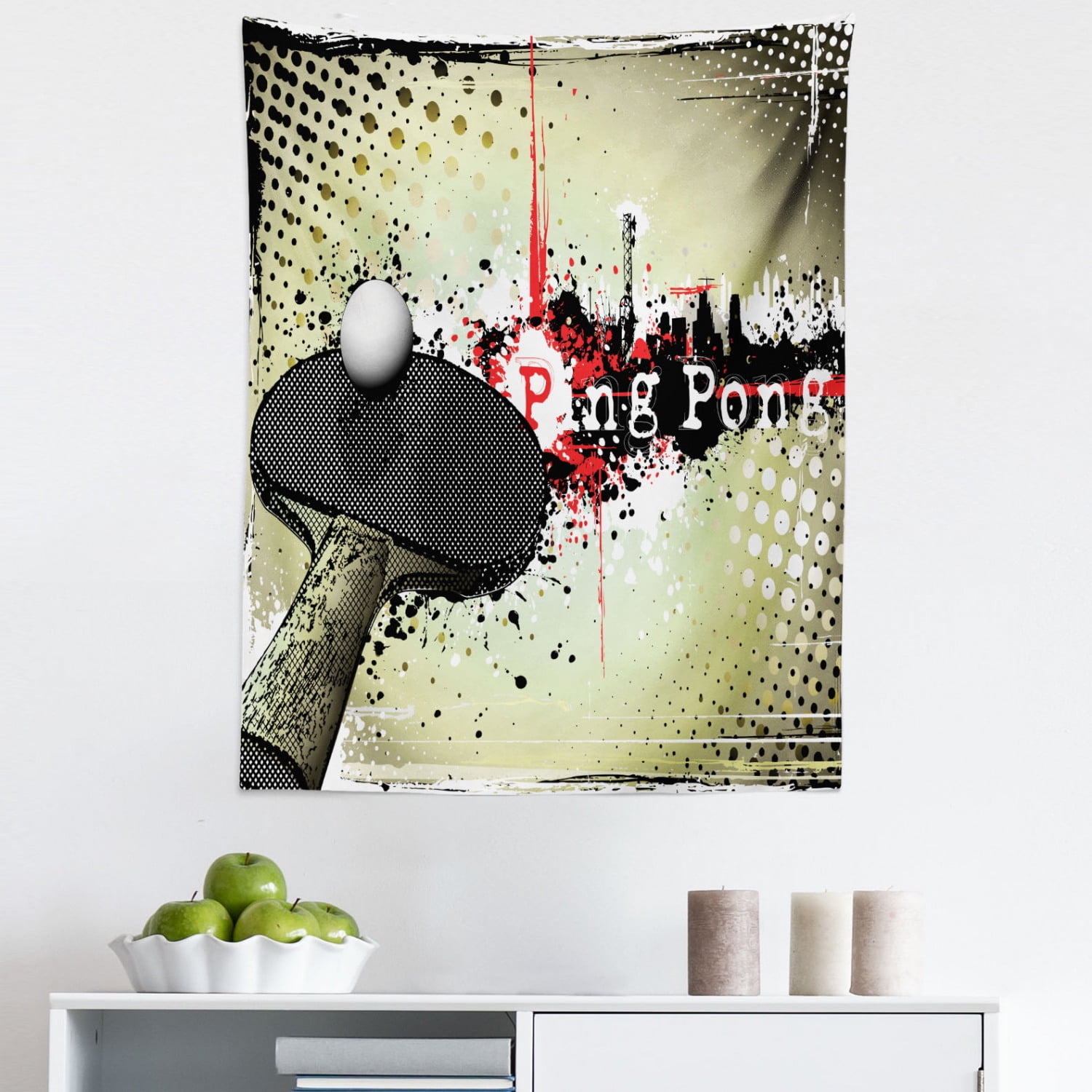Sports Tapestry, Ping Pong Lettering with Grunge Splashes Ball and ...