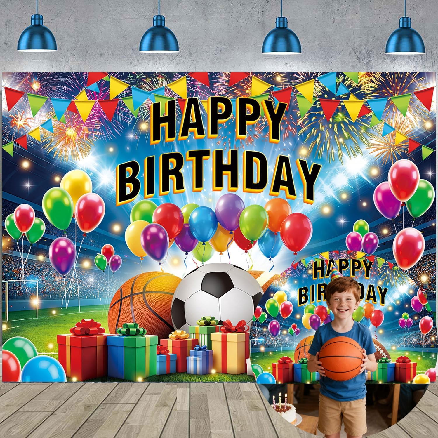 Sports Theme Happy Birthday Backdrop Football Basketball Boy Birthday ...