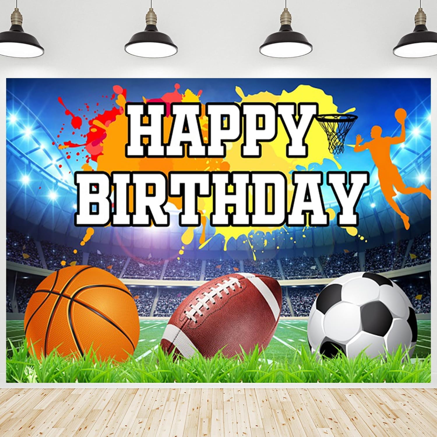 Sports Theme Happy Birthday Backdrop Football Basketball Soccer Sport ...
