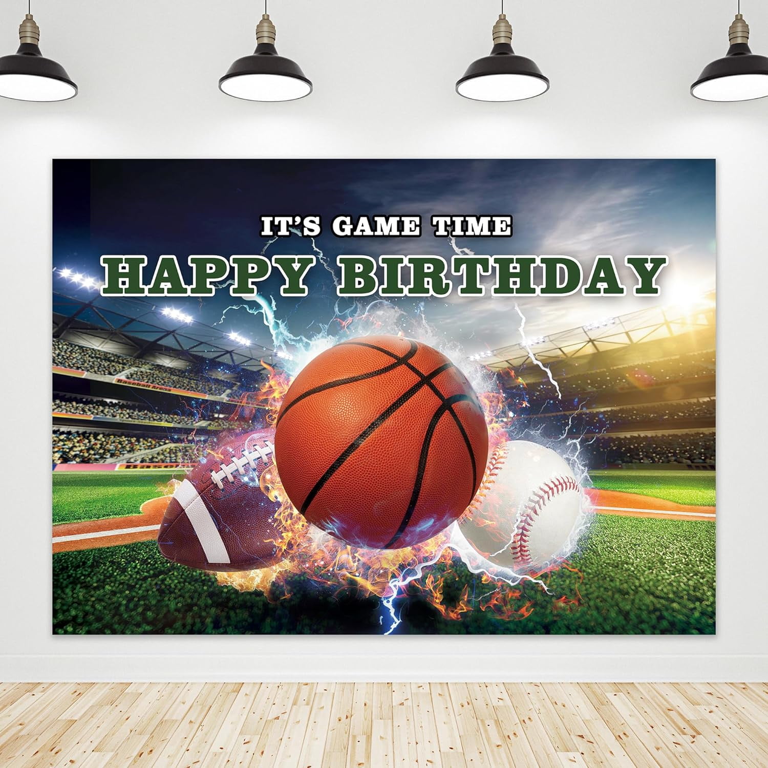 Sports Theme Happy Birthday Backdrop Polyester Kids It's Game Time Basketball Baseball Football ...