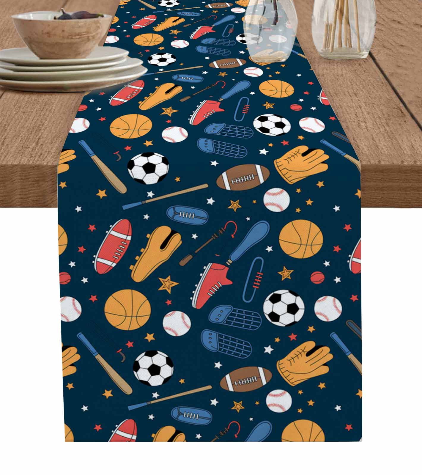 Sports Theme Table Runner 36 Inches, Cartoon Soccer Baseball Basketball ...