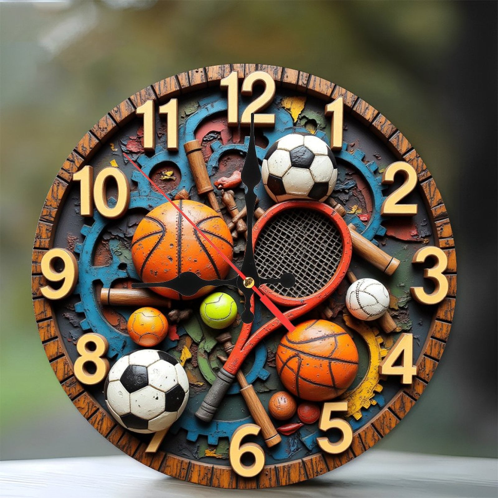 Sports Themed Wall Clock Unique Design Gear Decor Home Office 10-Inch ...