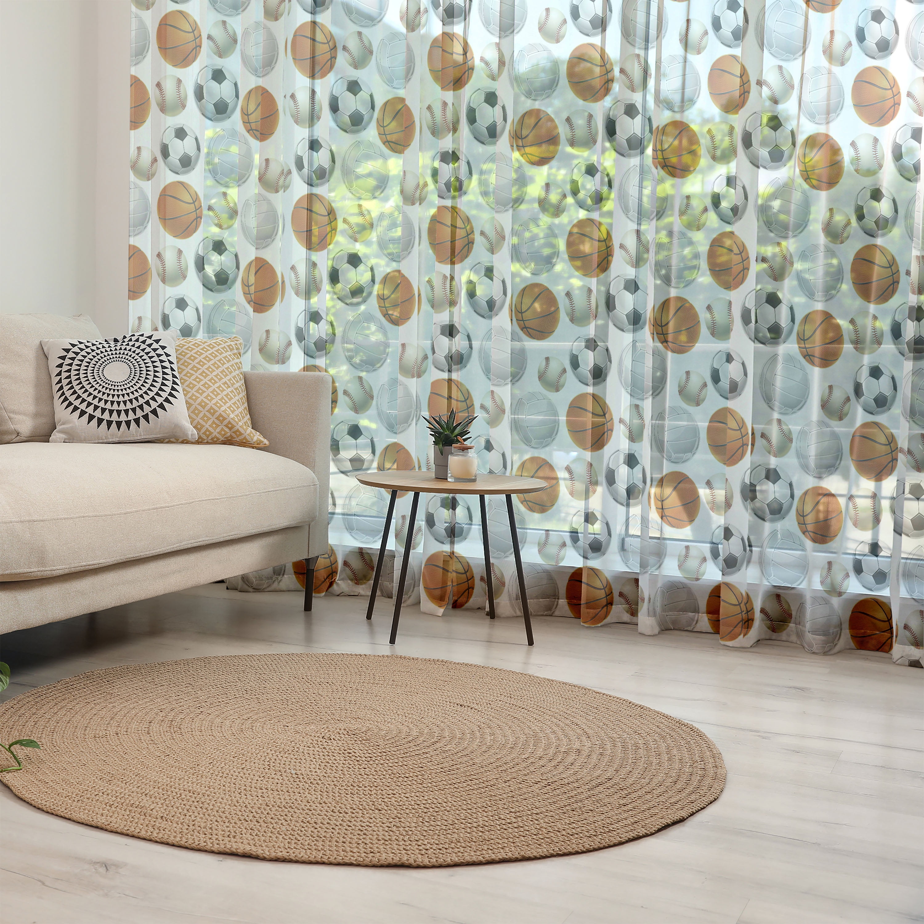 Sports Tulle Curtains with Rod Pocket, Football and Volleyball Pattern ...