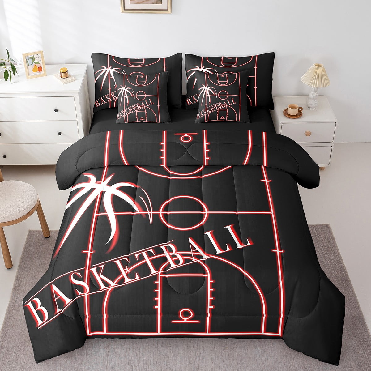 Sports Twin Comforter Set 7 Pieces Basketball Bedding Comforter Sets for Girls Boys, Neon ...
