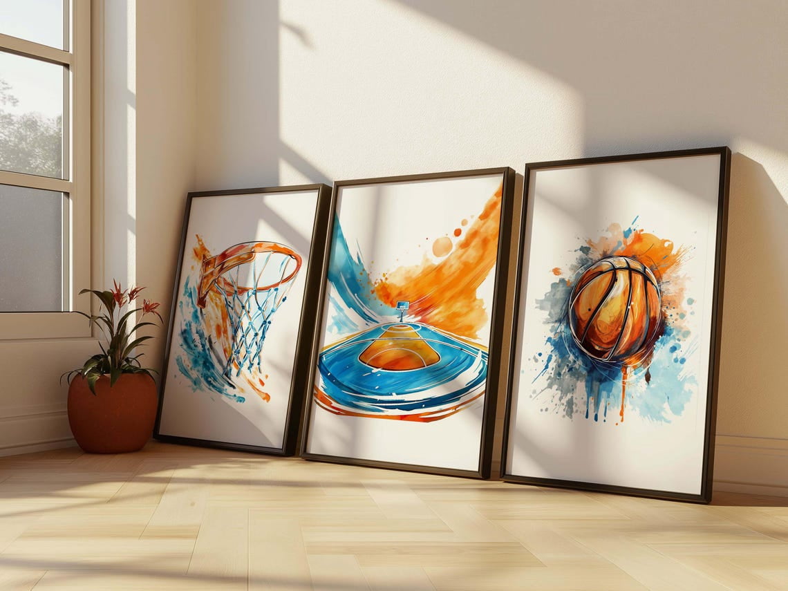 Sports Wall Art Basketball Hoop and Court Prints Orange Blue Style Set ...