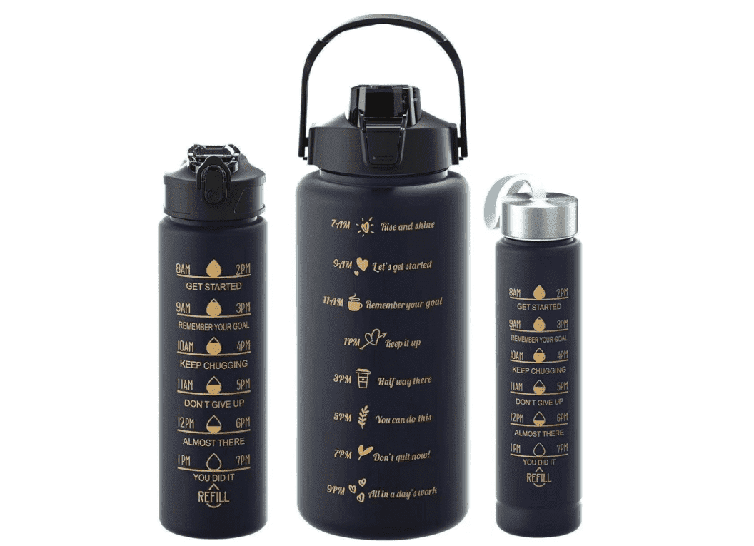 Sports Water Bottles 3 Pcs Set with Motivational Time Marker - Black ...